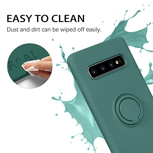 DUEDUE Samsung S10 Case, Liquid Silicone Slim Soft Gel Rubber Cover with Ring Kickstand |Car Mount Function,Shock Absorption Full Body Protective Anti Scratch Case for Samsung S10, Pine Green