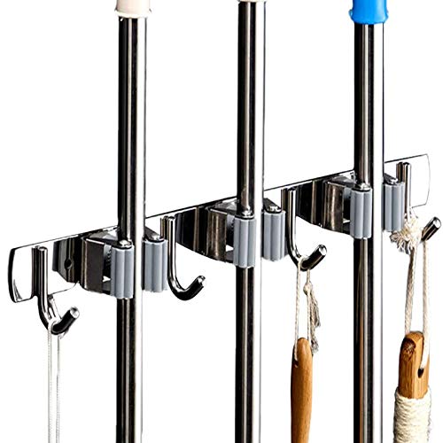 LVSHANG Broom Mop Holder,Heavy Duty Hooks Hanger Wall Mounted,Stainless Steel Organizer for Home, Kitchen, Garden, Garage, 3 Racks 4 Hooks, Grey