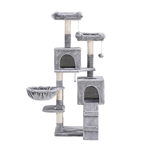 Hey-brother 58'' Multi-Level Cat Tree Condo Furniture with Sisal-Covered Scratching Posts, 2 Plush Condos, Hammock for Kittens, Cats and Pets Light Gray MPJ013M