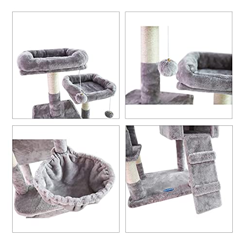 Hey-brother 58'' Multi-Level Cat Tree Condo Furniture with Sisal-Covered Scratching Posts, 2 Plush Condos, Hammock for Kittens, Cats and Pets Light Gray MPJ013M