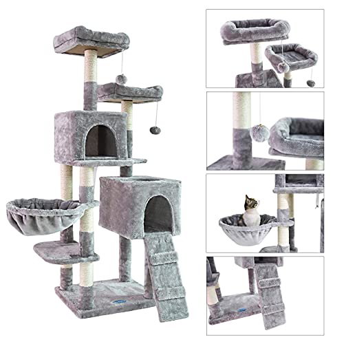 Hey-brother 58'' Multi-Level Cat Tree Condo Furniture with Sisal-Covered Scratching Posts, 2 Plush Condos, Hammock for Kittens, Cats and Pets Light Gray MPJ013M