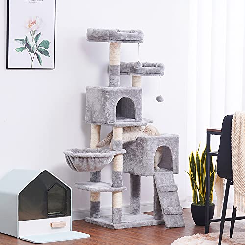 Hey-brother 58'' Multi-Level Cat Tree Condo Furniture with Sisal-Covered Scratching Posts, 2 Plush Condos, Hammock for Kittens, Cats and Pets Light Gray MPJ013M