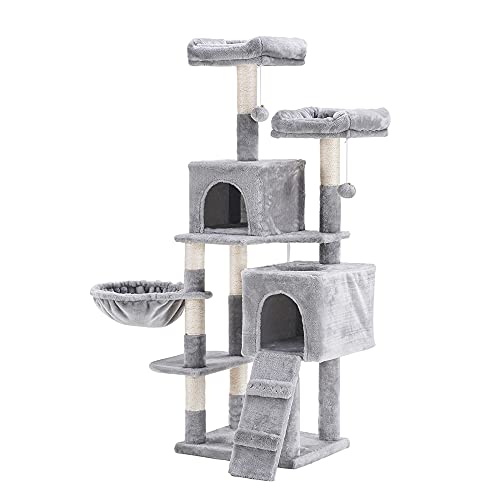 Hey-brother 58'' Multi-Level Cat Tree Condo Furniture with Sisal-Covered Scratching Posts, 2 Plush Condos, Hammock for Kittens, Cats and Pets Light Gray MPJ013M