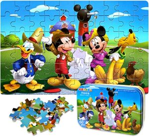 neilden disney mickey mouse puzzles in a metal box 60 piece for kids ages 4-8 jigsaws puzzles girls boys great gifts for children (mickey mouse)