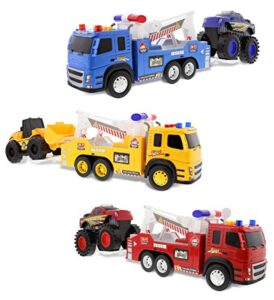 mozlly friction powered emergency tow truck toys set of 3 - assorted color towing trucks with big racing monster trucks & bulldozer, interactive sound & light - 3 pack