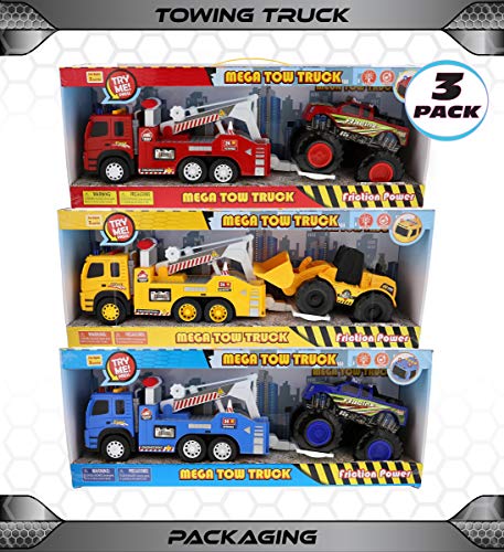 Mozlly Friction Powered Emergency Tow Truck Toys Set of 3 - Assorted Color Towing Trucks with Big Racing Monster Trucks & Bulldozer, Interactive Sound & Light - 3 Pack