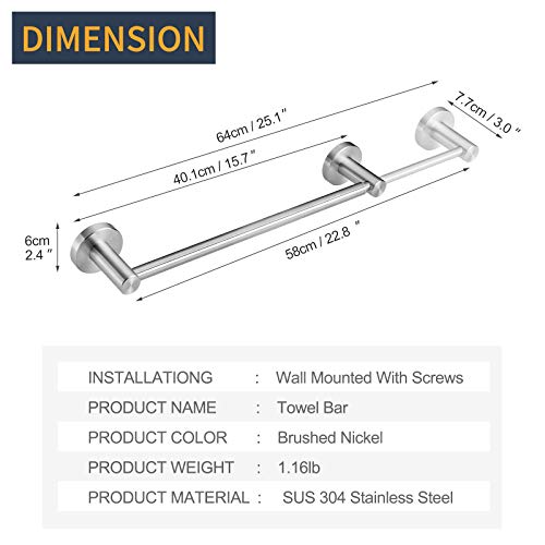 Hoimpro Adjustable 15.2 to 27.8 Inch Single Towel Bar for Bathroom, Expandable SUS304 Stainless Steel Bath Towel Holder, Wall Mount with Screws Towel Bar Rod Hotel Style, Brushed Nickel