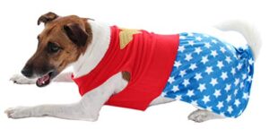 dc comics wonder woman superhero halloween pet costume sweater for small sized dogs or cats (medium)