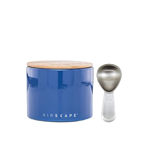 Airscape Ceramic Coffee and Food Storage Canister & Scoop Bundle - Patented Airtight Inner Lid Preserves Food Freshness - Glazed Ceramic Container with Bamboo Top (Small, Cobalt Blue & Scoop)