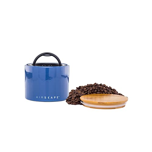 Airscape Ceramic Coffee and Food Storage Canister & Scoop Bundle - Patented Airtight Inner Lid Preserves Food Freshness - Glazed Ceramic Container with Bamboo Top (Small, Cobalt Blue & Scoop)