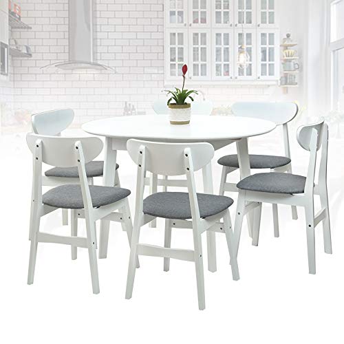 Wickerix Dining Room Set of 6 Yumiko Chairs and Extendable Round Dining Table Kitchen Modern Solid Wood w/Padded Seat, White Color with Light Gray Cushion