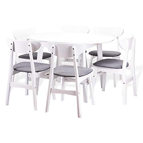 Wickerix Dining Room Set of 6 Yumiko Chairs and Extendable Round Dining Table Kitchen Modern Solid Wood w/Padded Seat, White Color with Light Gray Cushion