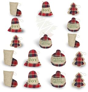 owuyuxi 16 pcs burlap christmas ornaments 2020 set, funny unique mini christmas tree ornaments bulk, rustic christmas decorations clearance decor, small red plaid christmas stockings/ball/tree/bell