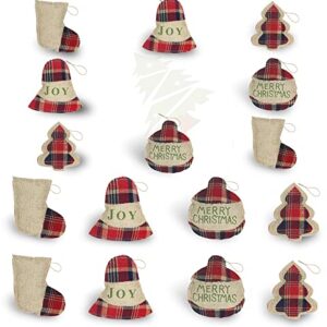 OWUYUXI 16 Pcs Burlap Christmas Ornaments 2020 Set, Funny Unique Mini Christmas Tree Ornaments Bulk, Rustic Christmas Decorations Clearance Decor, Small Red Plaid Christmas Stockings/Ball/Tree/Bell