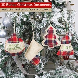 OWUYUXI 16 Pcs Burlap Christmas Ornaments 2020 Set, Funny Unique Mini Christmas Tree Ornaments Bulk, Rustic Christmas Decorations Clearance Decor, Small Red Plaid Christmas Stockings/Ball/Tree/Bell