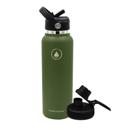 Hydro Homie Big Mouth Water Bottle with Straw Lid - Premium Stainless Steel Triple Wall Vacuum Insulated with Triple Shield Techonology 40 oz Green Forest