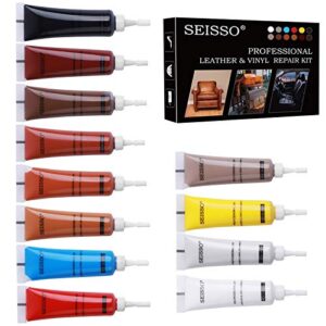 seisso 12 colors leather vinyl repair kit for furniture, couches, jacket, sofa, boat, car seat, purse, belt, shoes, scratch filler kit, restore bonded (12 color leather repair kit (12 pcs, 20ml/pc))