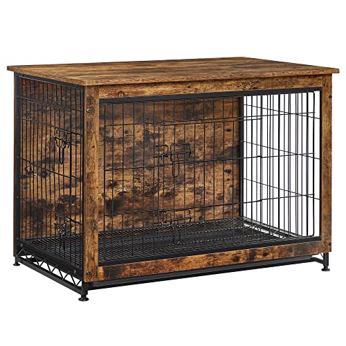 FEANDREA Dog Crate Furniture, Side End Table, Modern Kennel for Dogs Indoor up to 70 lb, Heavy-Duty Dog Cage with Multi-Purpose Removable Tray, Double-Door Dog House, Rustic Brown UPFC003X01