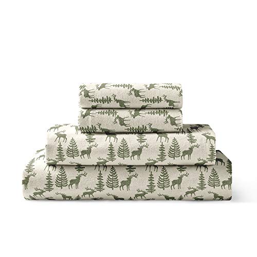 Brielle Home Flannel Sheet Set Cotton Soft Warm & Cozy Modern Chic with Elastic Deep Pockets, Twin, Deer Ivory