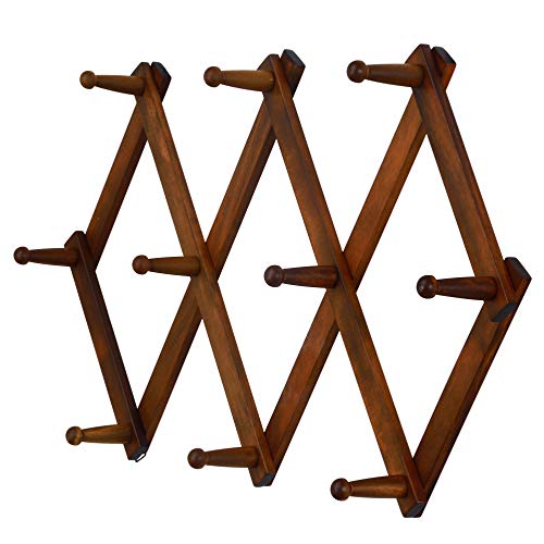 Dseap Accordian Wall Hanger: 16” High Wooden Wall Expandable Coat Rack, Hat Rack Holder, Accordion Hook for Baseball Caps, Coats, Mugs, 10 Peg Hooks, Brown