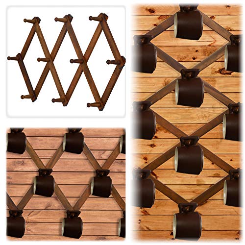 Dseap Accordian Wall Hanger: 16” High Wooden Wall Expandable Coat Rack, Hat Rack Holder, Accordion Hook for Baseball Caps, Coats, Mugs, 10 Peg Hooks, Brown