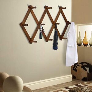 Dseap Accordian Wall Hanger: 16” High Wooden Wall Expandable Coat Rack, Hat Rack Holder, Accordion Hook for Baseball Caps, Coats, Mugs, 10 Peg Hooks, Brown