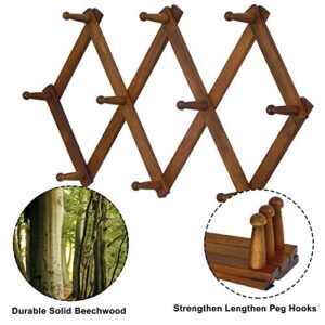 Dseap Accordian Wall Hanger: 16” High Wooden Wall Expandable Coat Rack, Hat Rack Holder, Accordion Hook for Baseball Caps, Coats, Mugs, 10 Peg Hooks, Brown