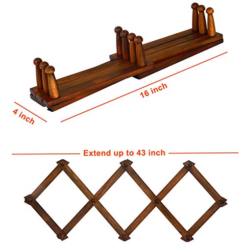 Dseap Accordian Wall Hanger: 16” High Wooden Wall Expandable Coat Rack, Hat Rack Holder, Accordion Hook for Baseball Caps, Coats, Mugs, 10 Peg Hooks, Brown