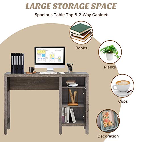 Tangkula Computer Desk with Storage Cabinet, Rustic Wooden Writing Desk Study Desk with Metal Handle, Compact Computer Desk Workstation Laptop PC Desk for Home Office (Grey Oak)