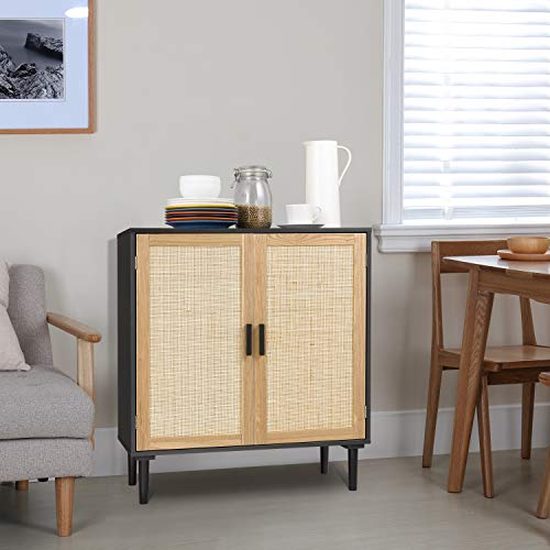 Finnhomy Sideboard Buffet Cabinet, Kitchen Storage Cabinet with Rattan Decorated Doors, Liquor Cabinet for Bar, Dining Room, Hallway, Cupboard Console Table, Accent Cabinet, 31.5X 15.8X 34.6 Inches