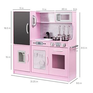 Best Choice Products Pretend Play Kitchen Wooden Toy Set for Kids with Realistic Design, Telephone, Utensils, Oven, Microwave, Sink - Pink