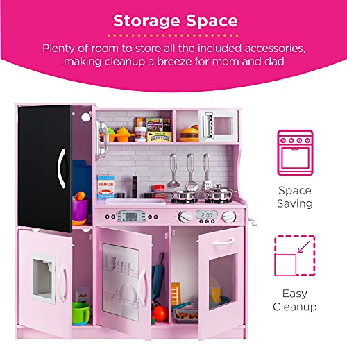 Best Choice Products Pretend Play Kitchen Wooden Toy Set for Kids with Realistic Design, Telephone, Utensils, Oven, Microwave, Sink - Pink