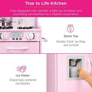 Best Choice Products Pretend Play Kitchen Wooden Toy Set for Kids with Realistic Design, Telephone, Utensils, Oven, Microwave, Sink - Pink