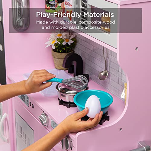 Best Choice Products Pretend Play Kitchen Wooden Toy Set for Kids with Realistic Design, Telephone, Utensils, Oven, Microwave, Sink - Pink