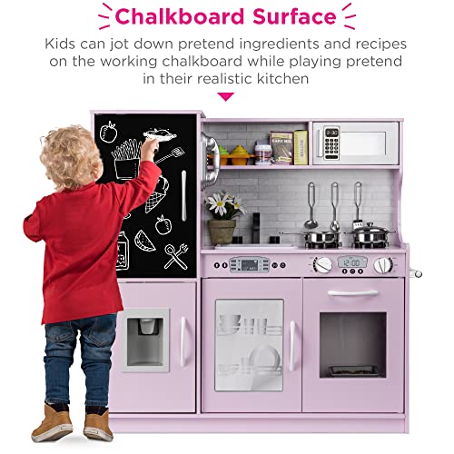 Best Choice Products Pretend Play Kitchen Wooden Toy Set for Kids with Realistic Design, Telephone, Utensils, Oven, Microwave, Sink - Pink