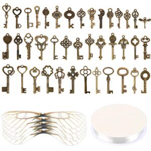 set of 40 flying keys charms, 40pcs dragonfly wings 40 diy vintage skeleton key and elastic crystal string for wedding party decorations