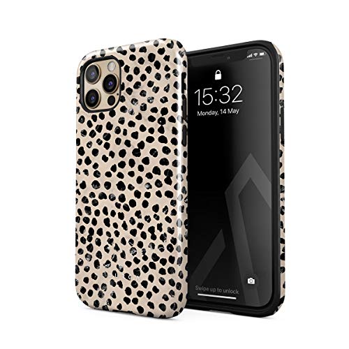 BURGA Phone Case Compatible with iPhone 12 PRO - Hybrid 2-Layer Hard Shell + Silicone Protective Case -Black Polka Dots Pattern Nude Almond Latte - Scratch-Resistant Shockproof Cover