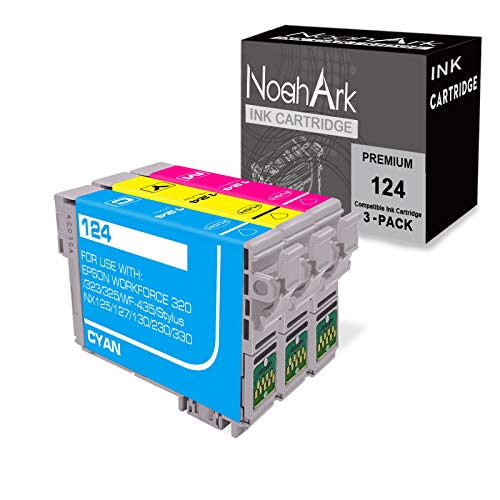 NoahArk 3 Packs T124 Remanufactured Ink Cartridge Replacement for Epson 124 use for Epson Stylus NX125 NX127 NX130 NX230 NX330 NX420 NX430 Workforce 320 323 325 435 (1 Cyan 1 Magenta 1 Yellow)