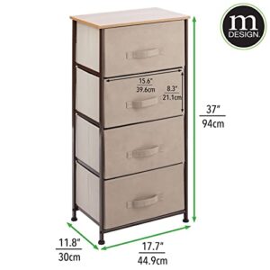 mDesign Tall Dresser Storage Tower Stand with 4 Removable Fabric Drawers - Steel Frame, Wood Top Organizer for Bedroom, Entryway, Closet - Coffee/Espresso Brown