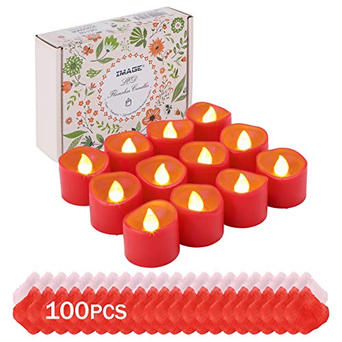 IMAGE Valentine's Day Tea Lights, 12Pack Tealight Candles with Timer and Red Shell, Battery Operated Flameless Tea Lights with 100pcs Decorative Fake Rose Petals for Tealight Votive Holders & Lantern