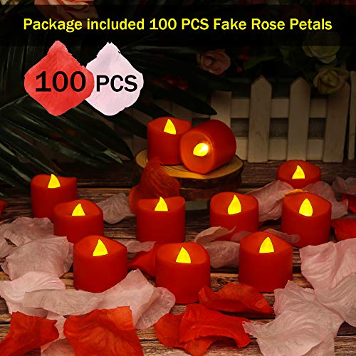 IMAGE Valentine's Day Tea Lights, 12Pack Tealight Candles with Timer and Red Shell, Battery Operated Flameless Tea Lights with 100pcs Decorative Fake Rose Petals for Tealight Votive Holders & Lantern