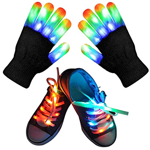 Led Finger Gloves, Kids Led Gloves LED Shoelaces Set Light Up Cool Toys Gifts for Boys Girls, Flashing Gloves for Christmas Thanksgiving Birthday Glow Halloween Costume Party