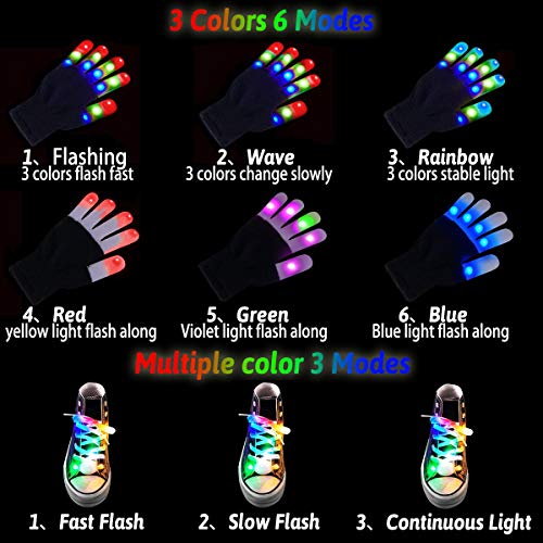 Led Finger Gloves, Kids Led Gloves LED Shoelaces Set Light Up Cool Toys Gifts for Boys Girls, Flashing Gloves for Christmas Thanksgiving Birthday Glow Halloween Costume Party