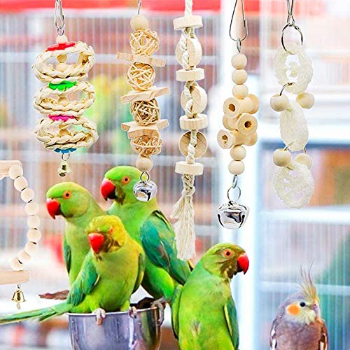 Allazone Bird Parrot Toys, 13 PCS Hanging Bell Pet Bird Cage Hammock Swing Toy Wooden Chewing Toy for Conures, Love Birds, Small Parakeets Cockatiels, Macaws