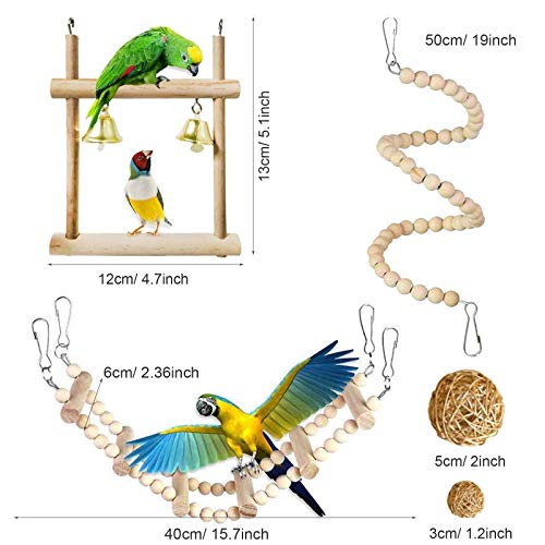 Allazone Bird Parrot Toys, 13 PCS Hanging Bell Pet Bird Cage Hammock Swing Toy Wooden Chewing Toy for Conures, Love Birds, Small Parakeets Cockatiels, Macaws