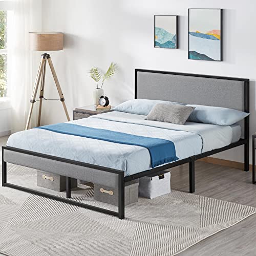 Yaheetech Metal Platform Bed Frame with Linen Upholstered Headboard and Footboard Mattress Foundation with Strong Steel Slats No Box Spring Needed Easy Assembly Gray Queen Size