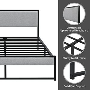 Yaheetech Metal Platform Bed Frame with Linen Upholstered Headboard and Footboard Mattress Foundation with Strong Steel Slats No Box Spring Needed Easy Assembly Gray Queen Size