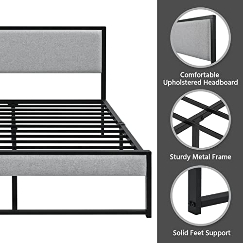 Yaheetech Metal Platform Bed Frame with Linen Upholstered Headboard and Footboard Mattress Foundation with Strong Steel Slats No Box Spring Needed Easy Assembly Gray Queen Size