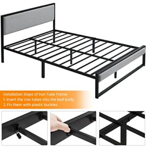 Yaheetech Metal Platform Bed Frame with Linen Upholstered Headboard and Footboard Mattress Foundation with Strong Steel Slats No Box Spring Needed Easy Assembly Gray Queen Size