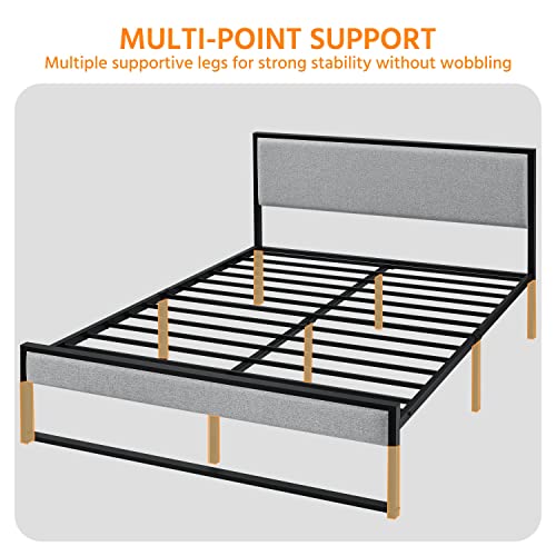 Yaheetech Metal Platform Bed Frame with Linen Upholstered Headboard and Footboard Mattress Foundation with Strong Steel Slats No Box Spring Needed Easy Assembly Gray Queen Size